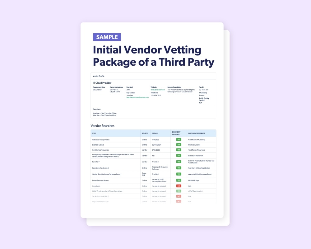 Initial Vendor Vetting Package of a Third Party